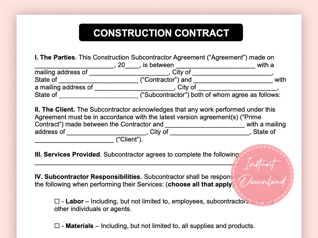 Construction Contract Contract Template Construction Agreement Handyman 