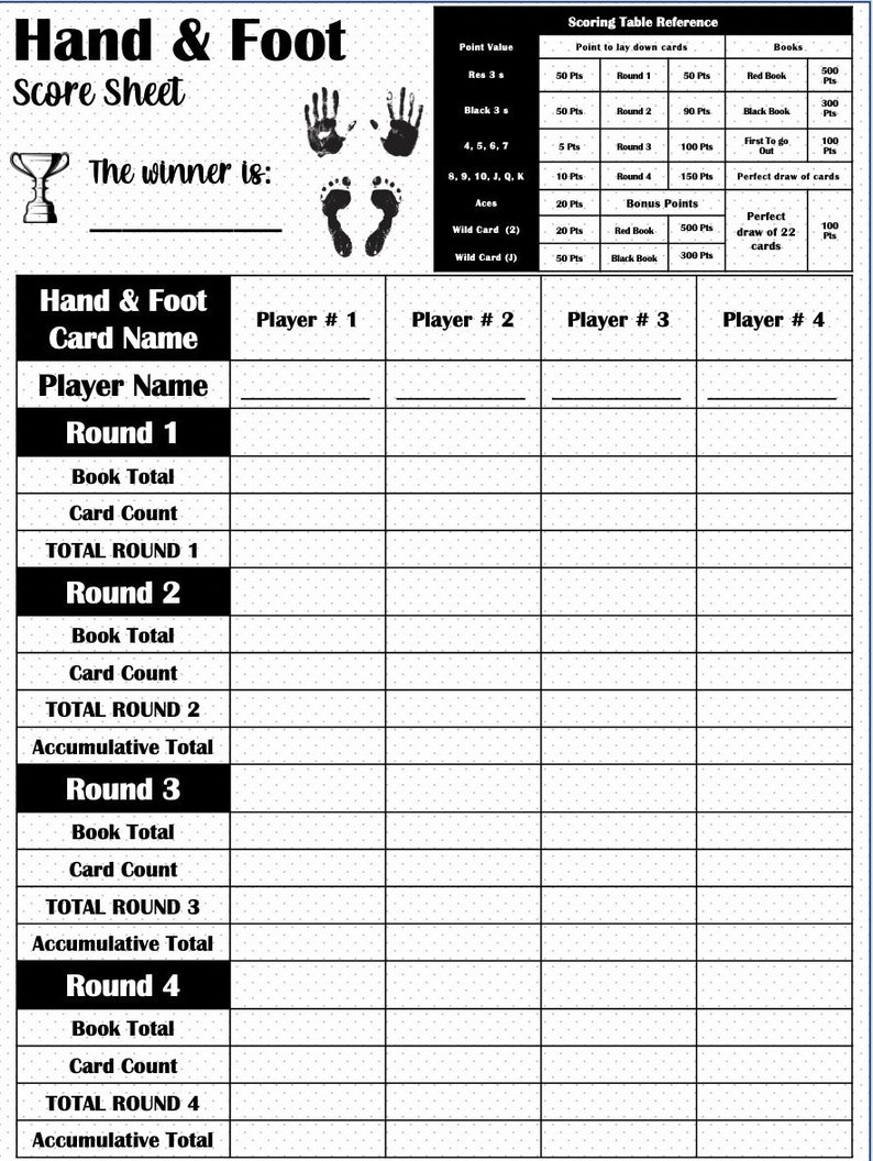 Hand and Foot Score Card - Hand and Foot Scoresheet - Hand and Foot ...