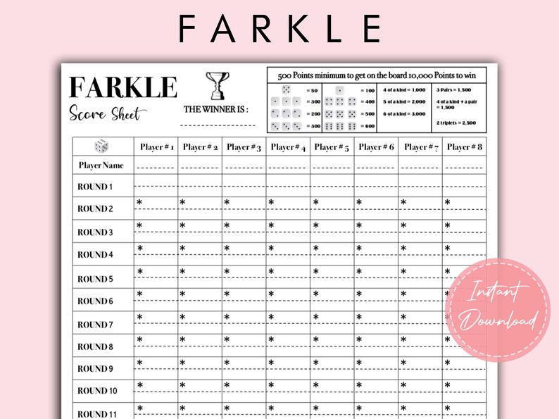 Farkle Score Card Printable File PDF Download 8.5x11 | Etsy