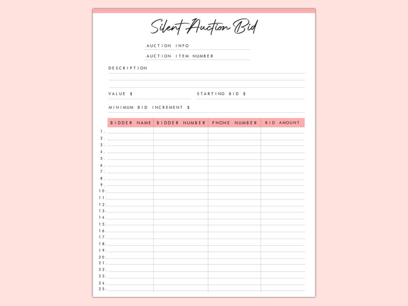 Silent Auction Bid Sheet Printable Fundraiser Event Bidding Form Silent ...