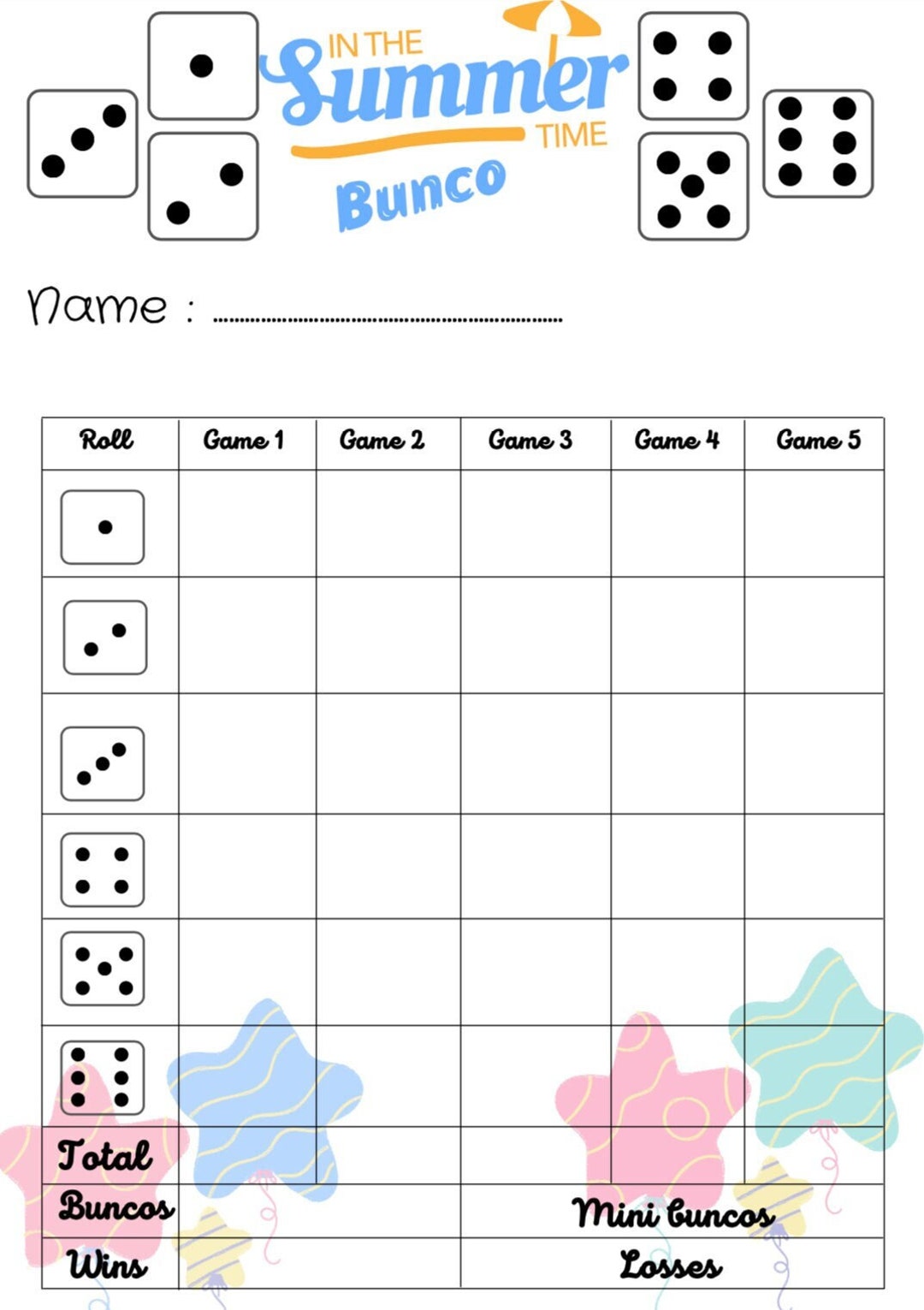 Summer Bunco Score Card - Bunco Scoresheet - Bunco Score Pads ...