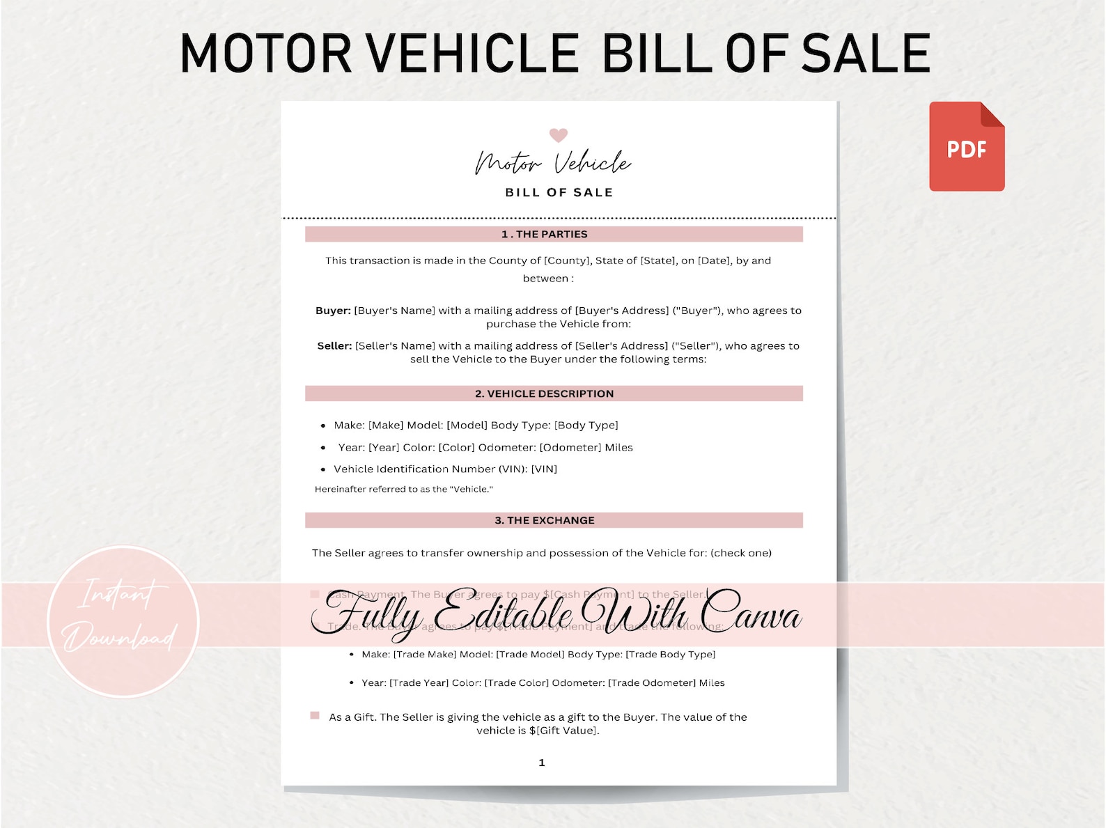 Fully Editable Motor Vehicle Bill of Sale Template | Printable Car Bill ...