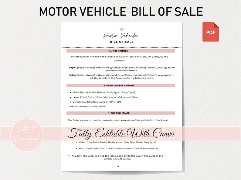 Fully Editable Motor Vehicle Bill of Sale Template | Printable Car Bill ...