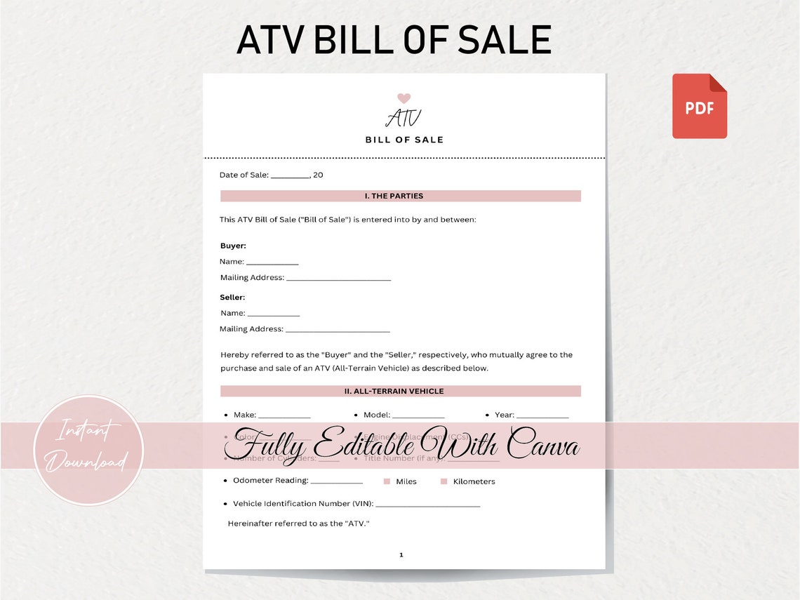 Complete ATV Bill of Sale Template | Legal Document | Instant Download ...