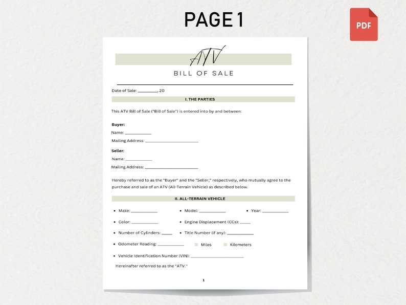 Professional ATV Bill of Sale Template | Easy-to-use | Customizable ...