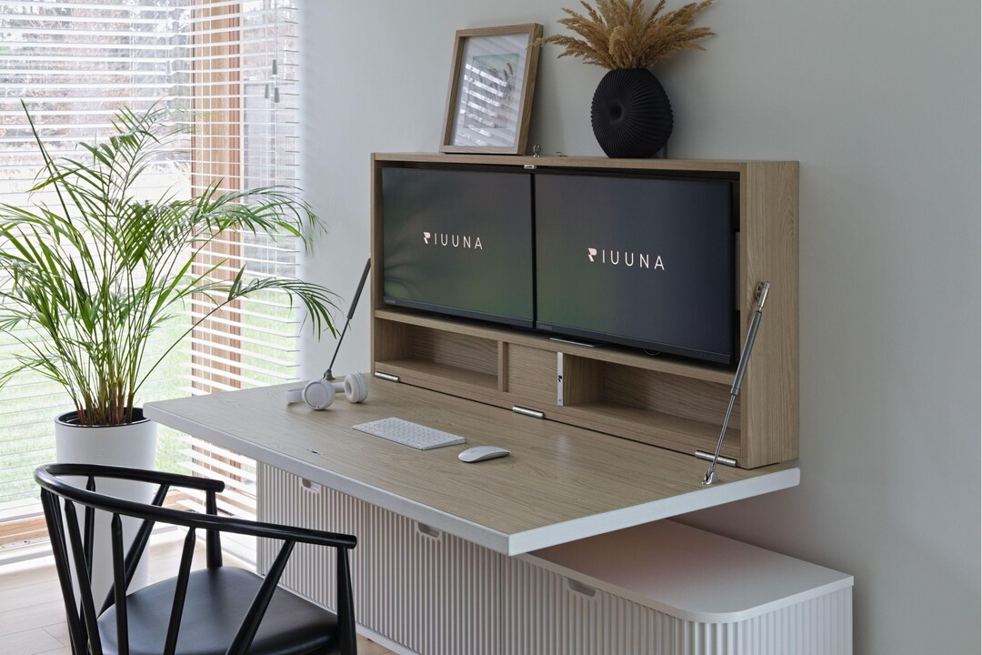 Wall-mounted Foldable Desk for Dual 27" Monitors, Large Murphy Desk for ...