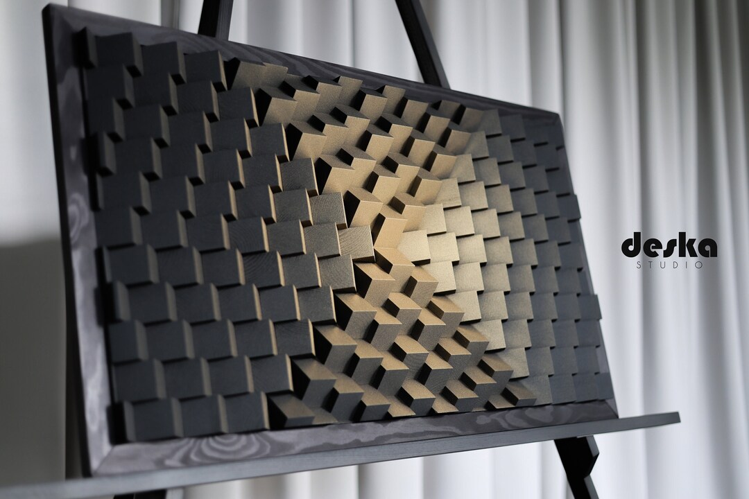 Handmade Wall Art Black and Gold Sound Acoustic Diffuser Modern Wood ...