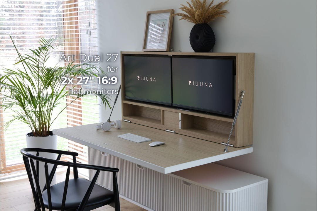 Wall-mounted Foldable Desk for Dual 27" Monitors, Large Murphy Desk for ...