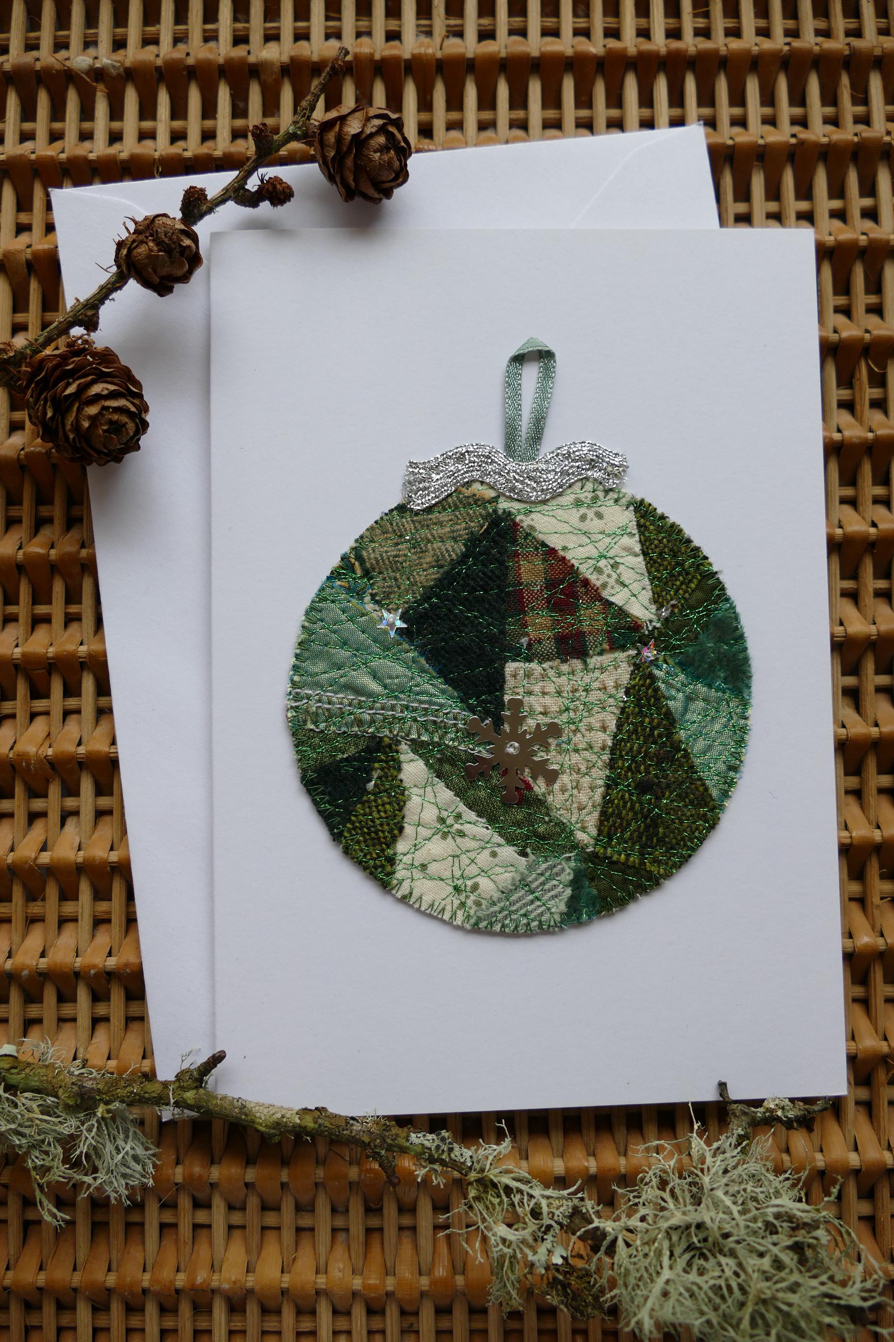 Patchwork Bauble Card | Handmade in Green Fabrics | Large Size With ...