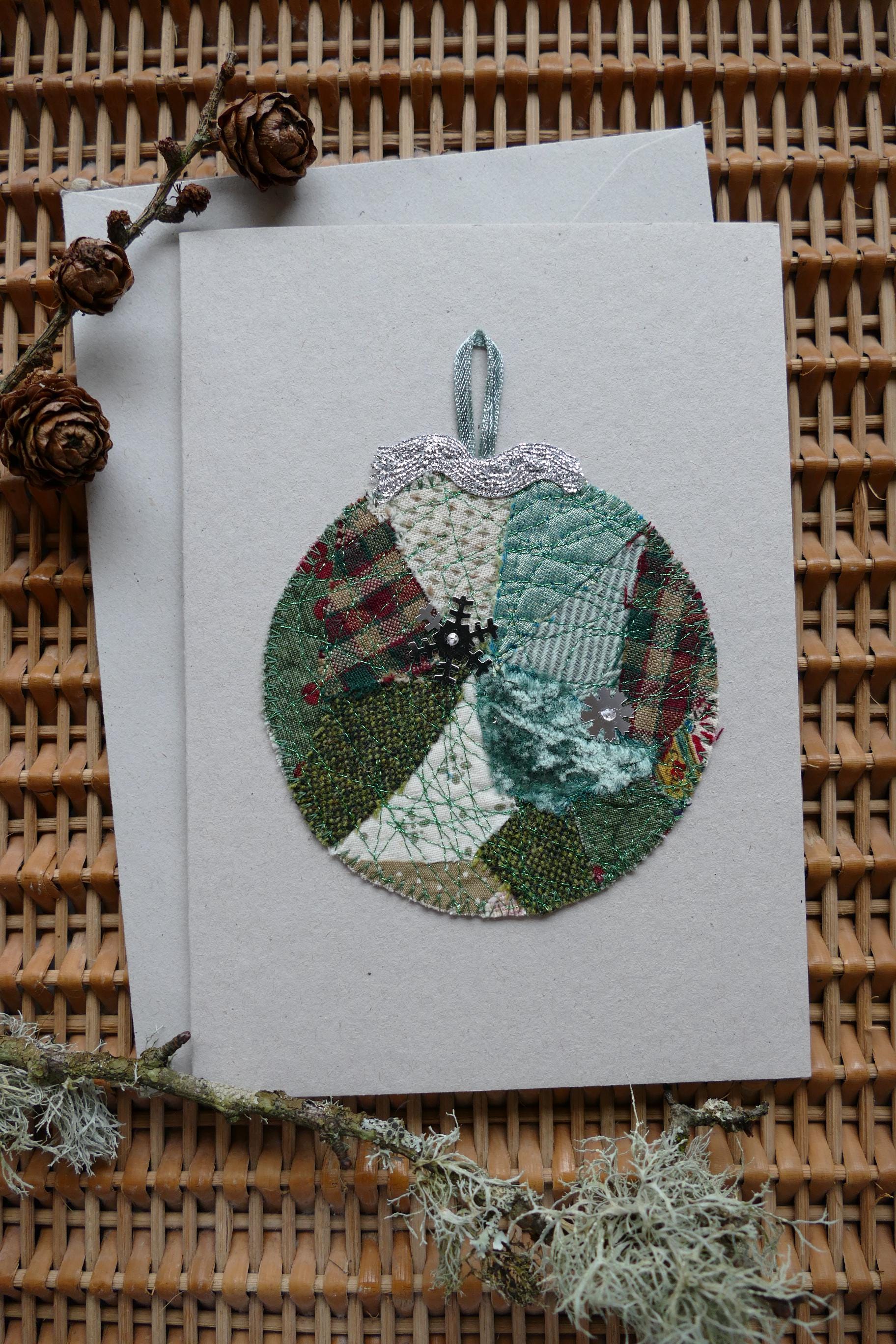 Patchwork Bauble Card | Handmade in Green Fabrics | Large Size With ...