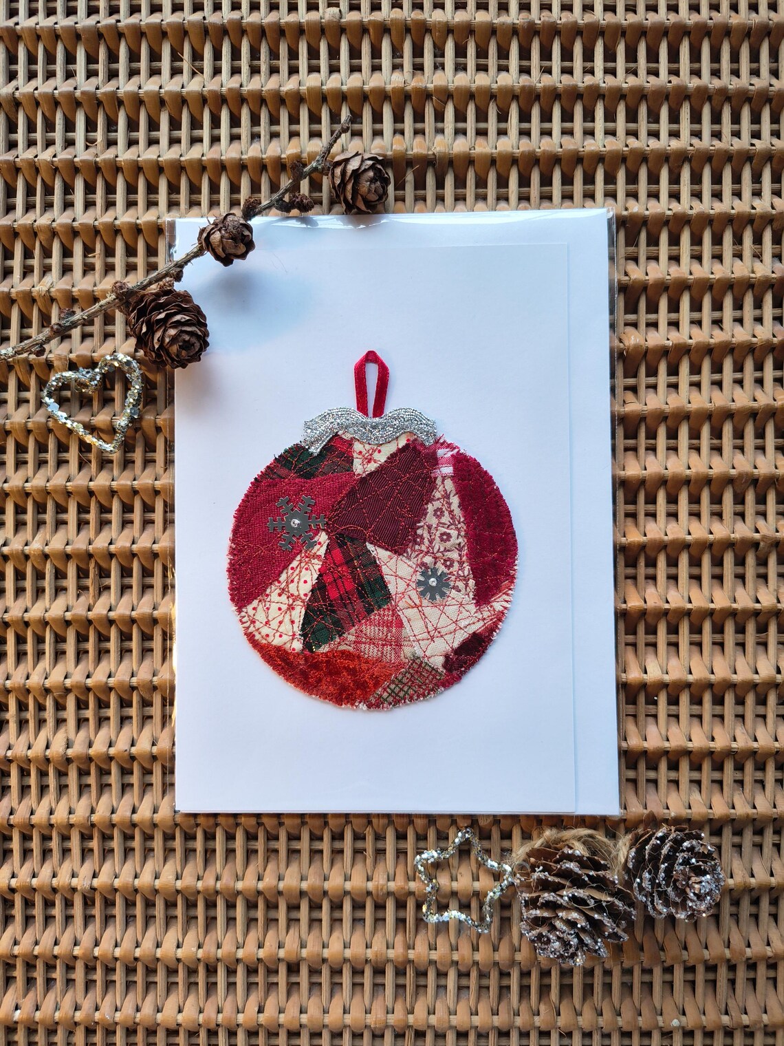 Handmade Bauble Christmas Card | Patchwork in Red Fabrics | Large Size ...