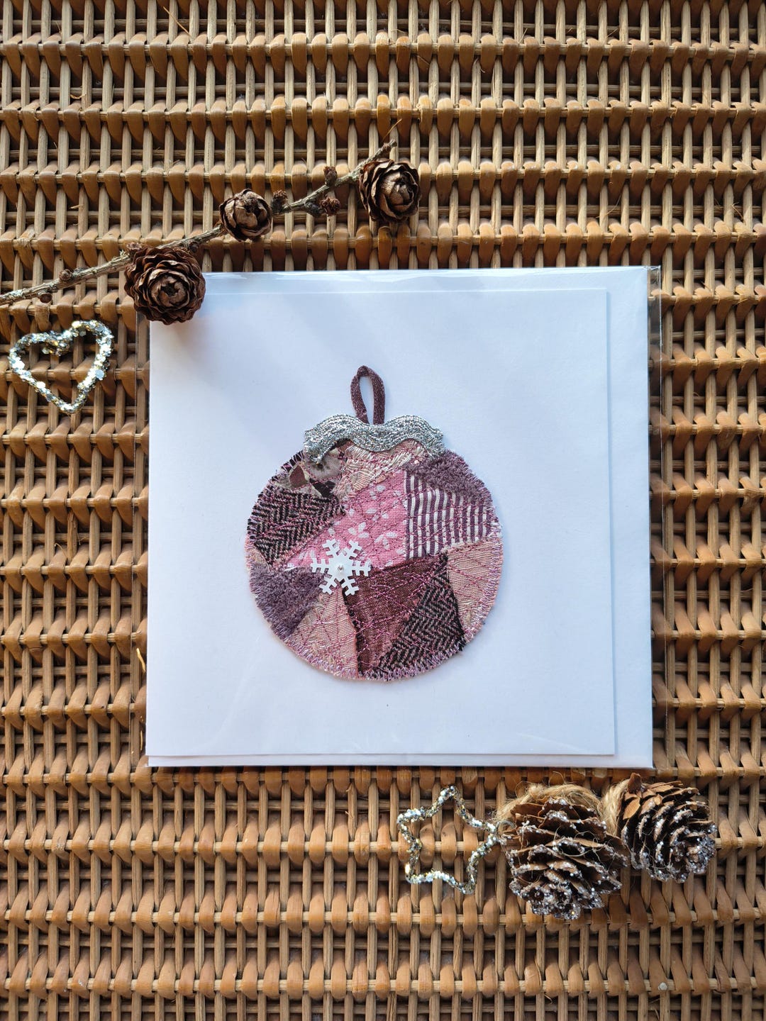 Patchwork Bauble Card | Handmade in Purple & Pink Fabrics | Medium Size ...