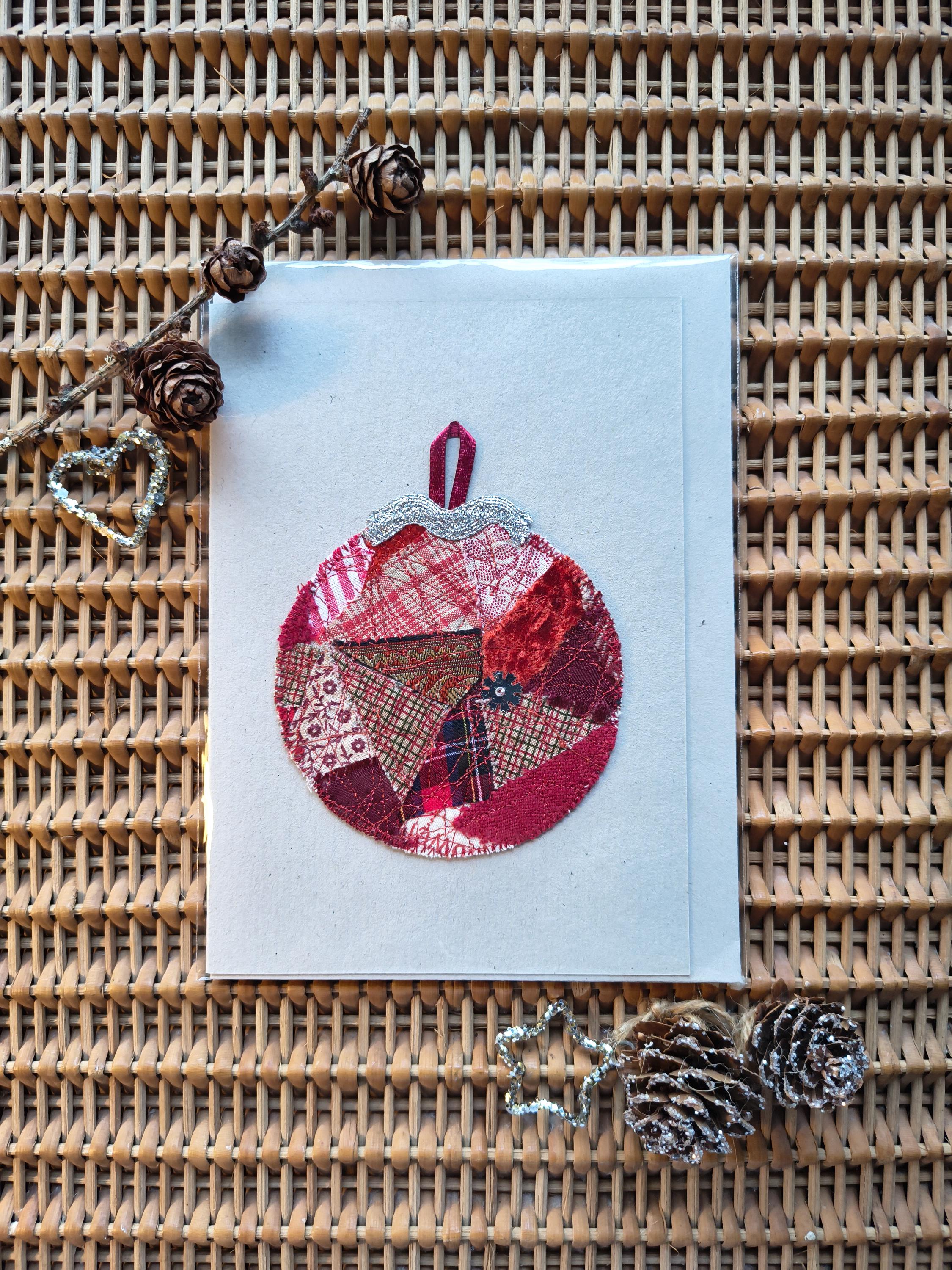 Handmade Bauble Christmas Card | Patchwork in Red Fabrics | Large Size ...