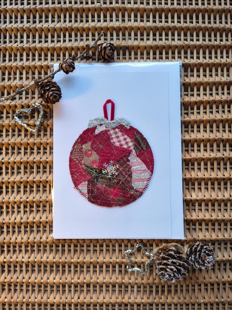Patchwork Bauble Card | Handmade in Red Fabrics | Large Size With ...