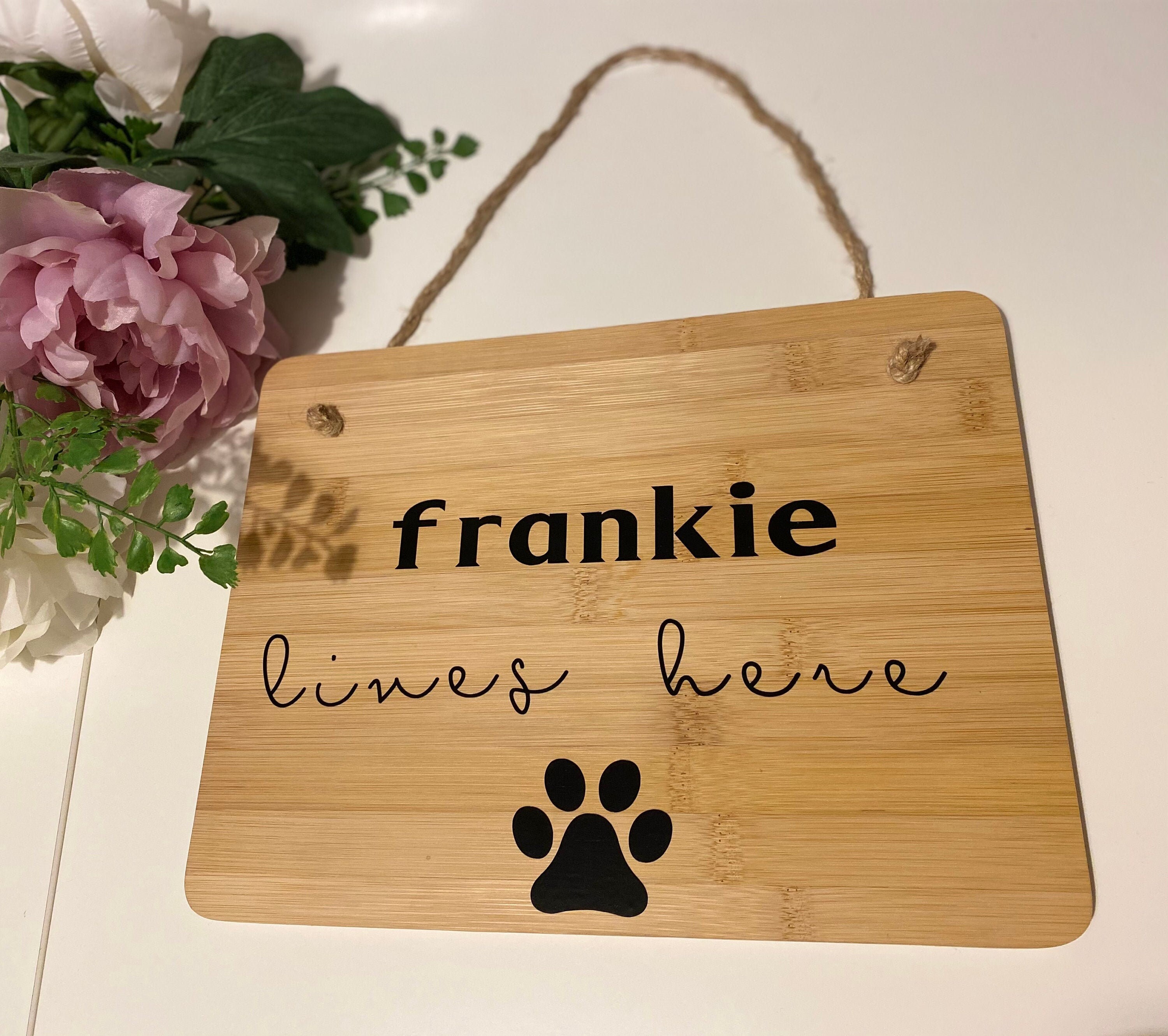 Personalised dog sign. Pet personalised bamboo sign name lives | Etsy