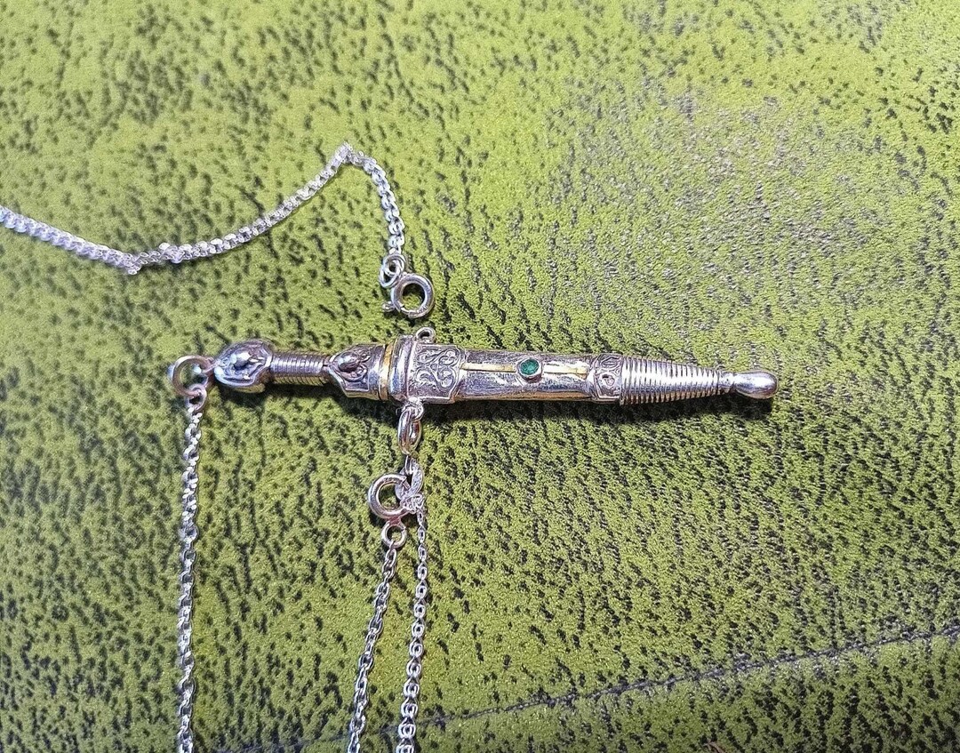 Gold 585 & Sterling Silver 925 Dagger Pendant, Emerald Stone ...