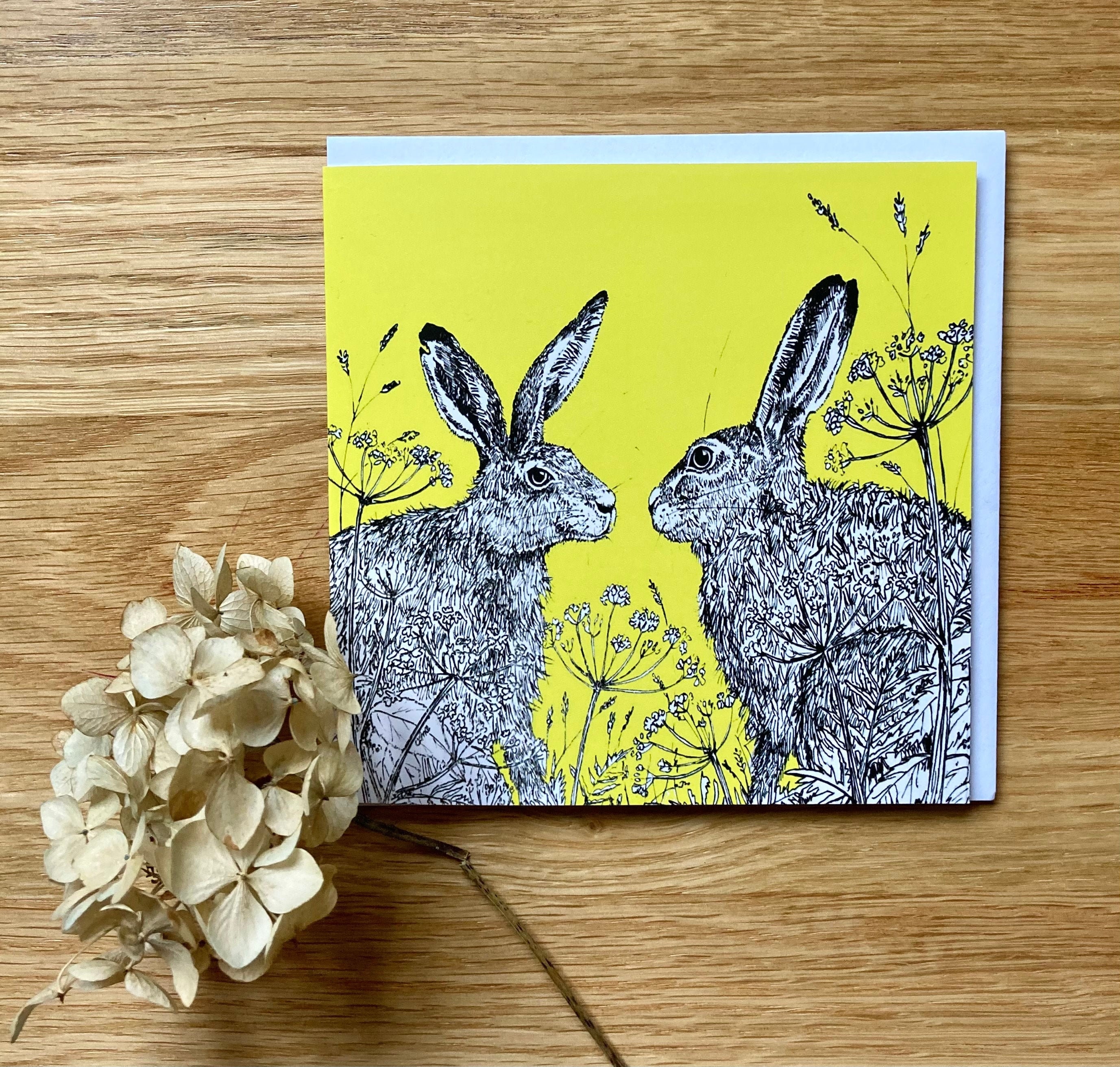 Pair of Hares Greeting Card | Any Occasion | Yellow | Hand Drawn Design ...