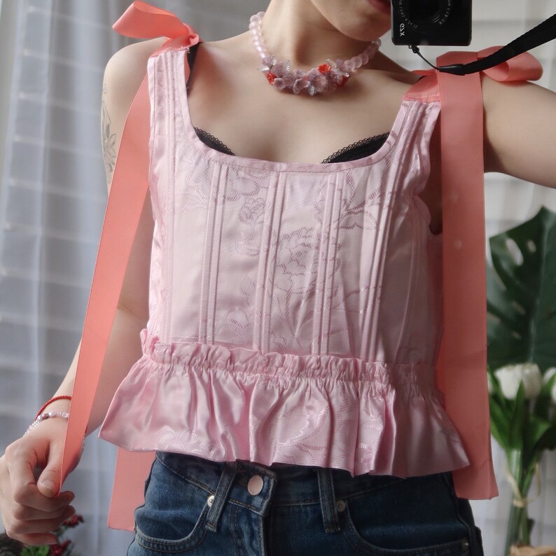 Vintage Remake Pink Satin Corset With Pink Ribbon-handmade Corset - Etsy