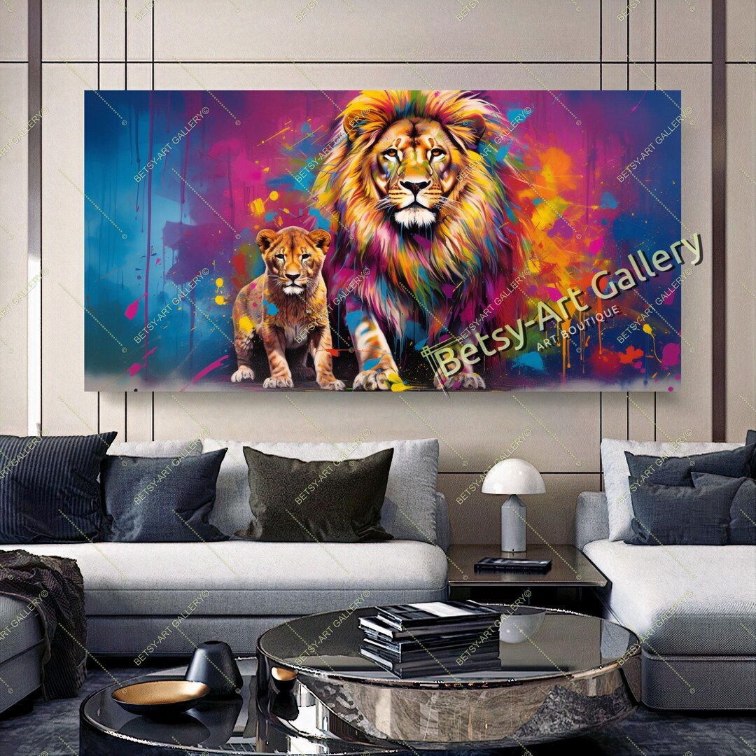 Lion and Cub Canvas Print: Colorful Family Art, Modern Animal Decor - Etsy