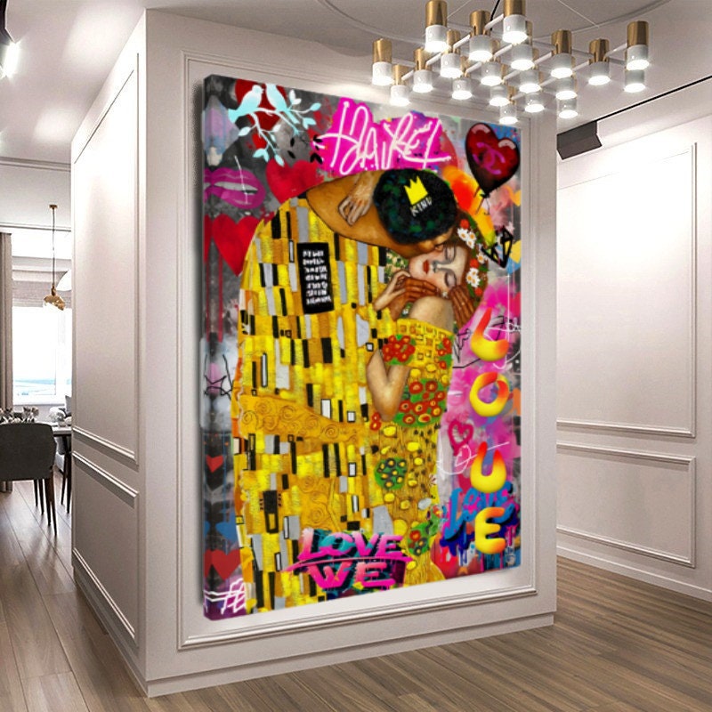 Print on Canvas the Kiss by Gustav Klimt Pop Art Print Street Graffiti ...