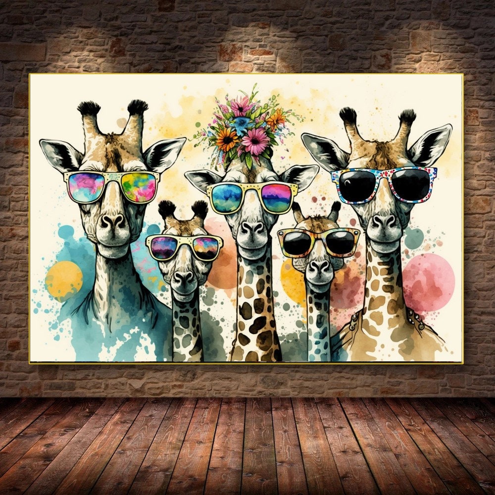 Colorful Family of Giraffes Wearing Hat and Eyeglass, Stretched Print ...