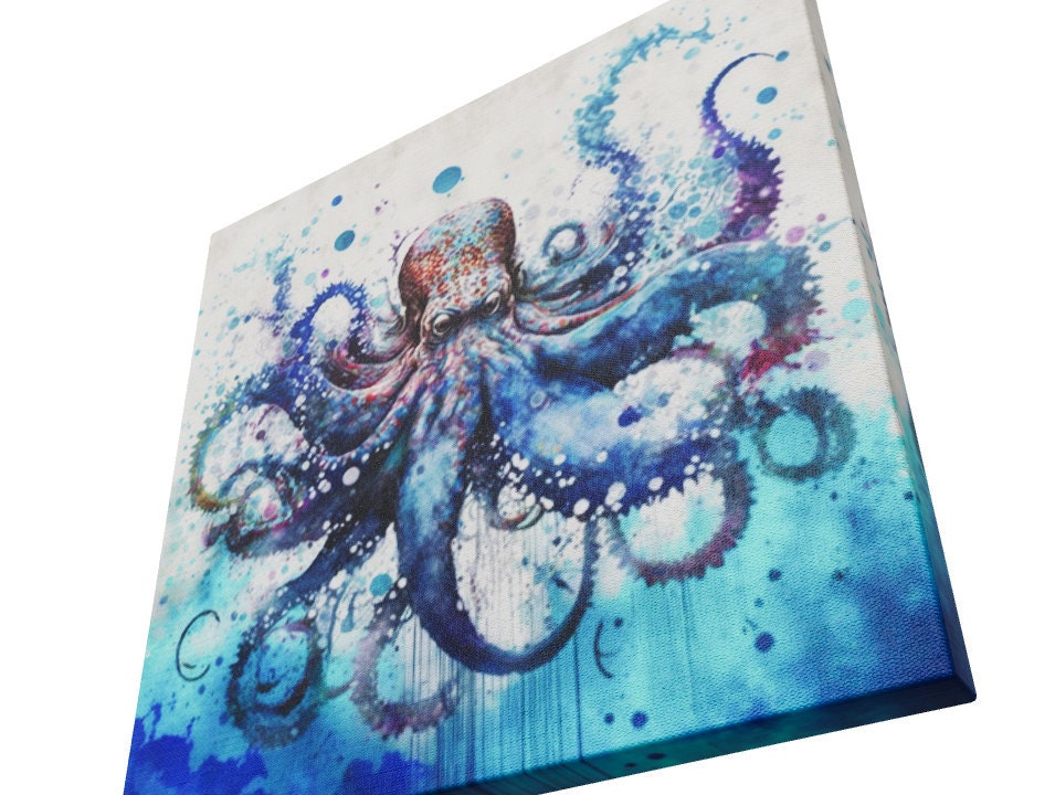 Blue Octopus Watercolor Art Print on Canvas Animal Painting Large ...