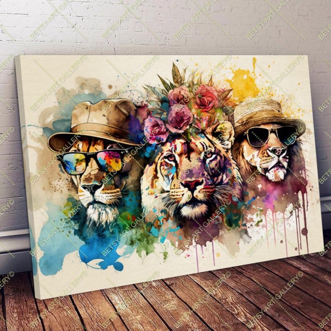 Colorful Lion Family With Hats and Sunglasses: Quirky Animal Canvas ...