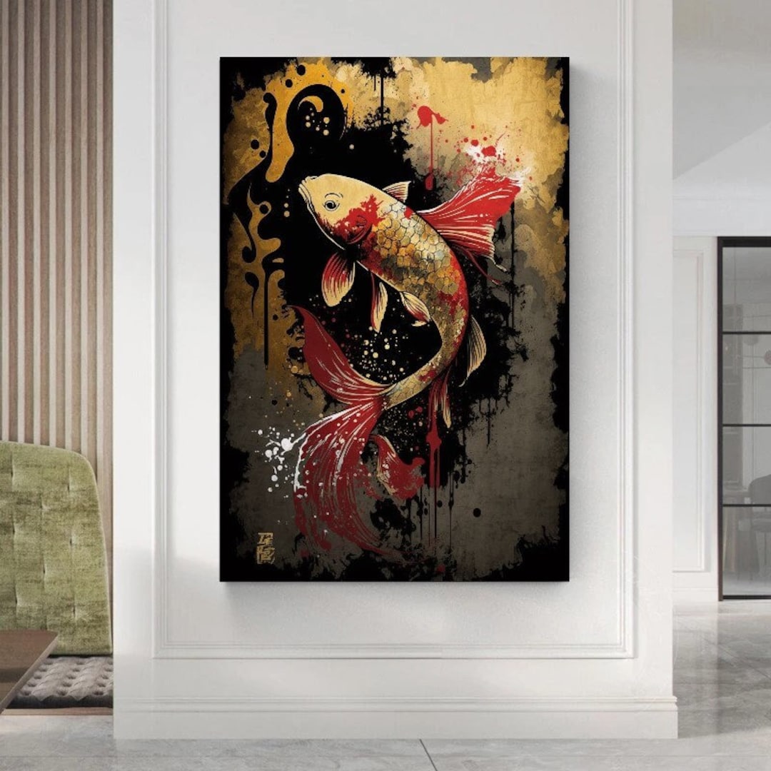 GOLD KOI FISH Stretched Print on Canvas, Red Gold Black Graffiti Koi ...