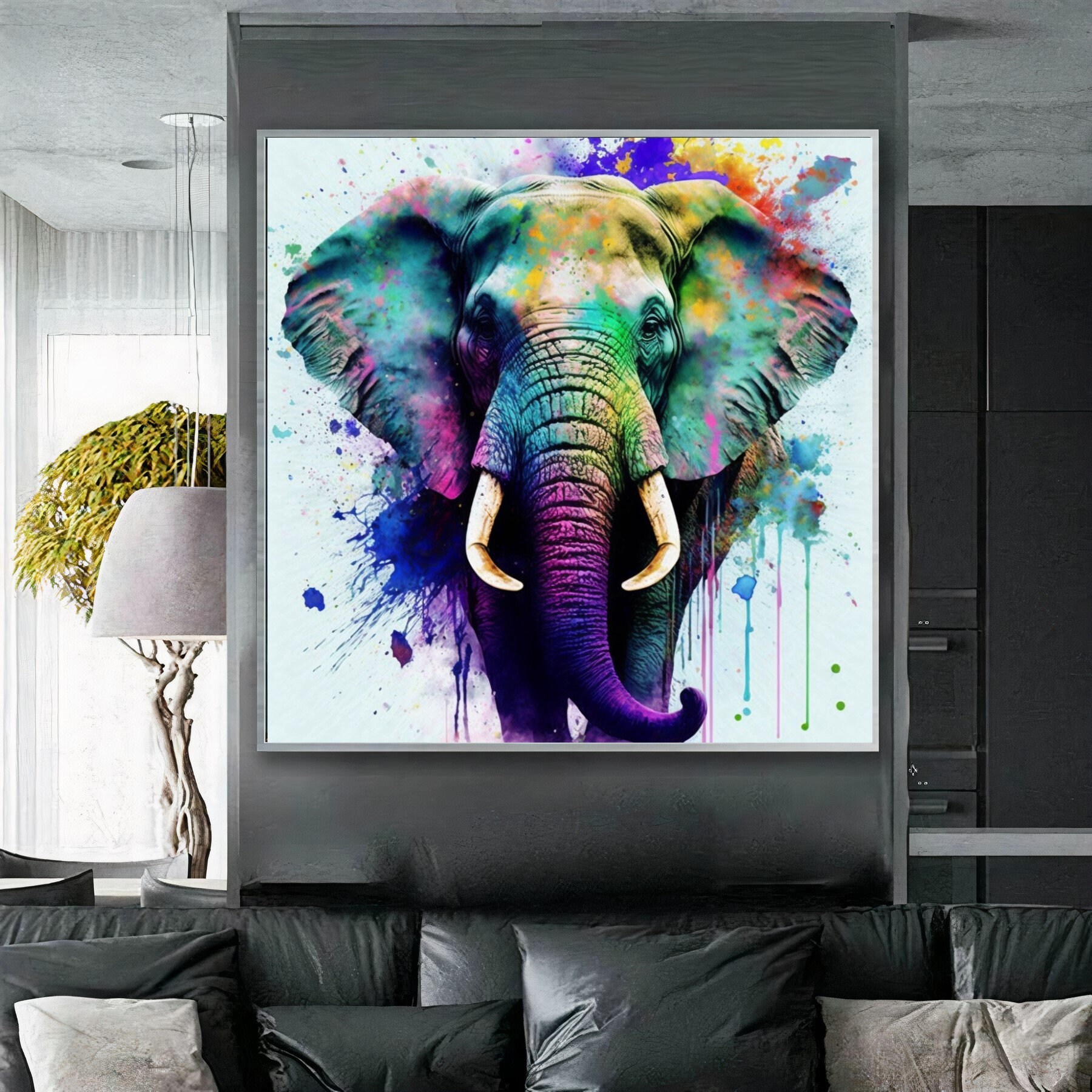 Colorful Elephant Ink Splash Abstract Animal Print on Canvas Animal ...