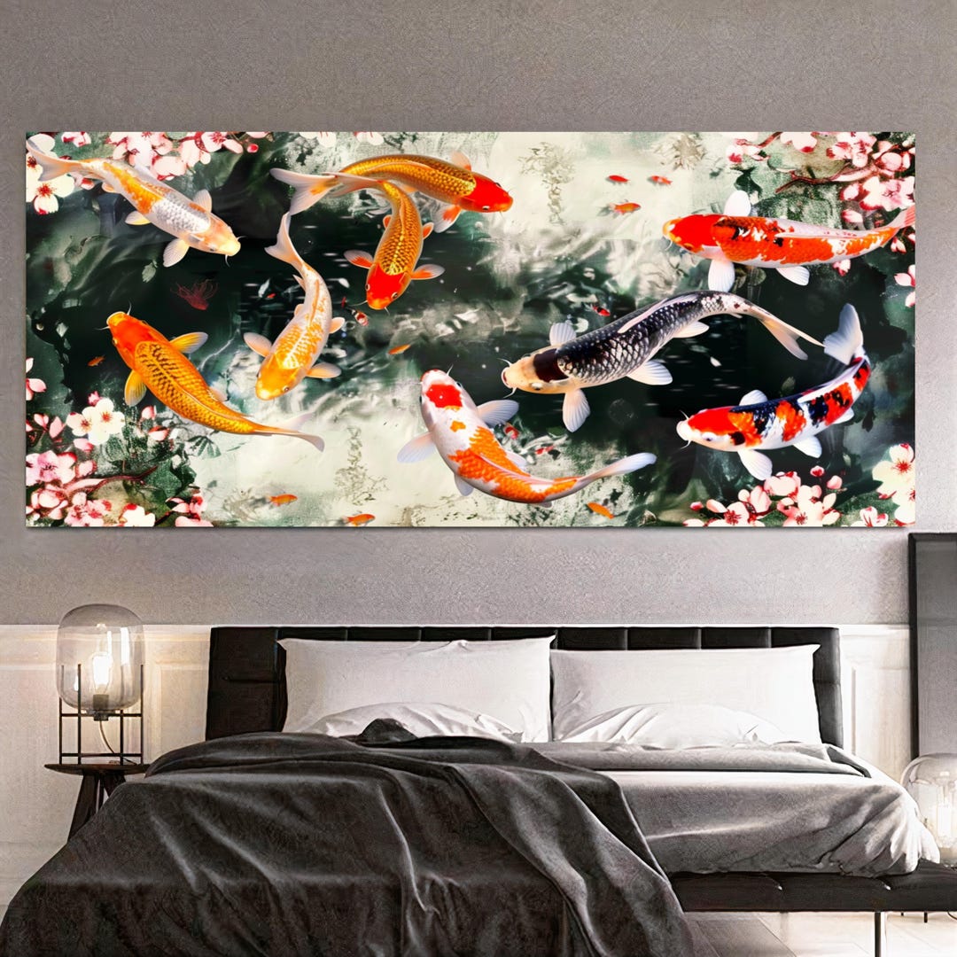 Vivid Nine Koi Fish Canvas Print - Japanese Feng Shui Wall Art - Modern ...