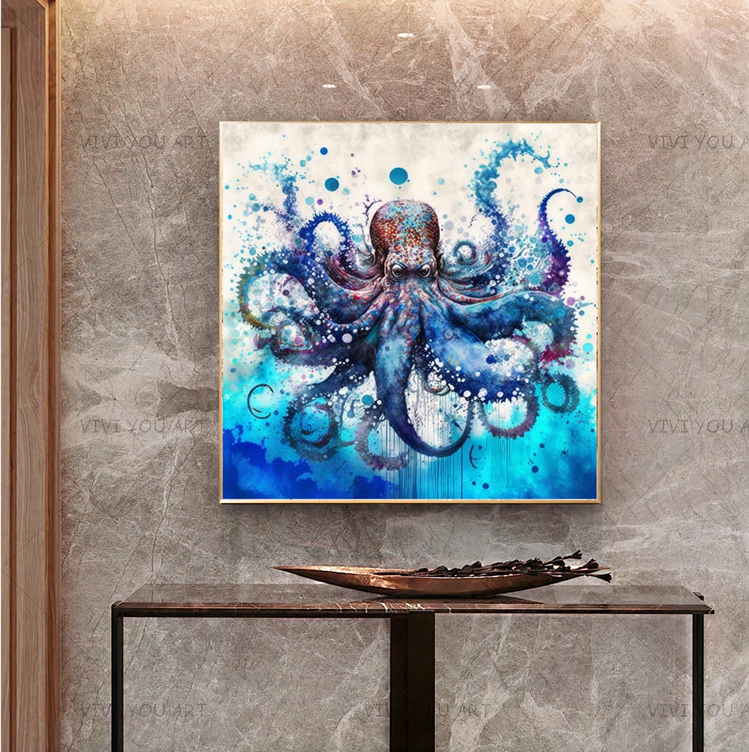 Blue Octopus Watercolor Art Print on Canvas Animal Painting Large ...