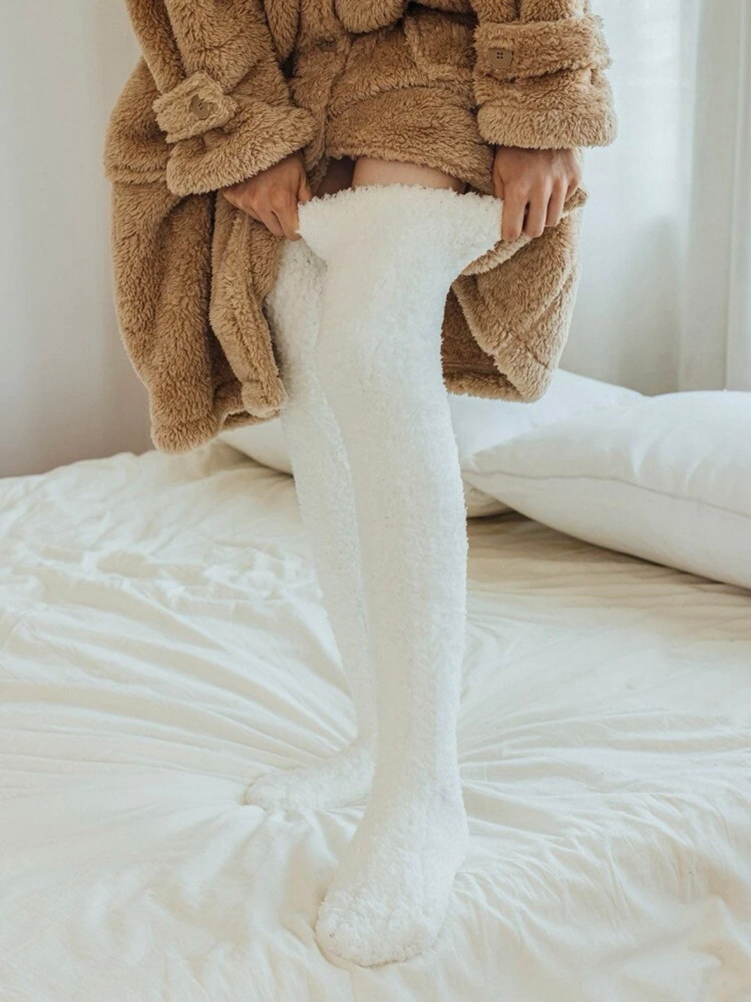 Over the Knee White Fuzzy Socks Amazing Tall Socks Warm Super - Etsy