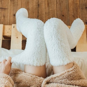 Over the Knee White Fuzzy Socks Amazing Tall Socks Warm Super - Etsy
