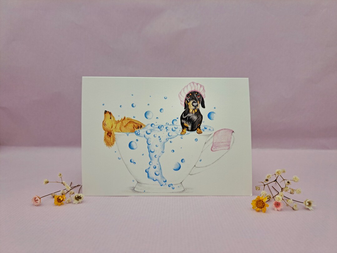 Teacup Bubble Bath | Dachshund Greeting Card | Sausage Dog Card - Etsy