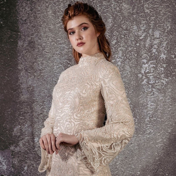 Elegant Cream Dress With Embellished Jacket and Pleated Skirt Perfect ...