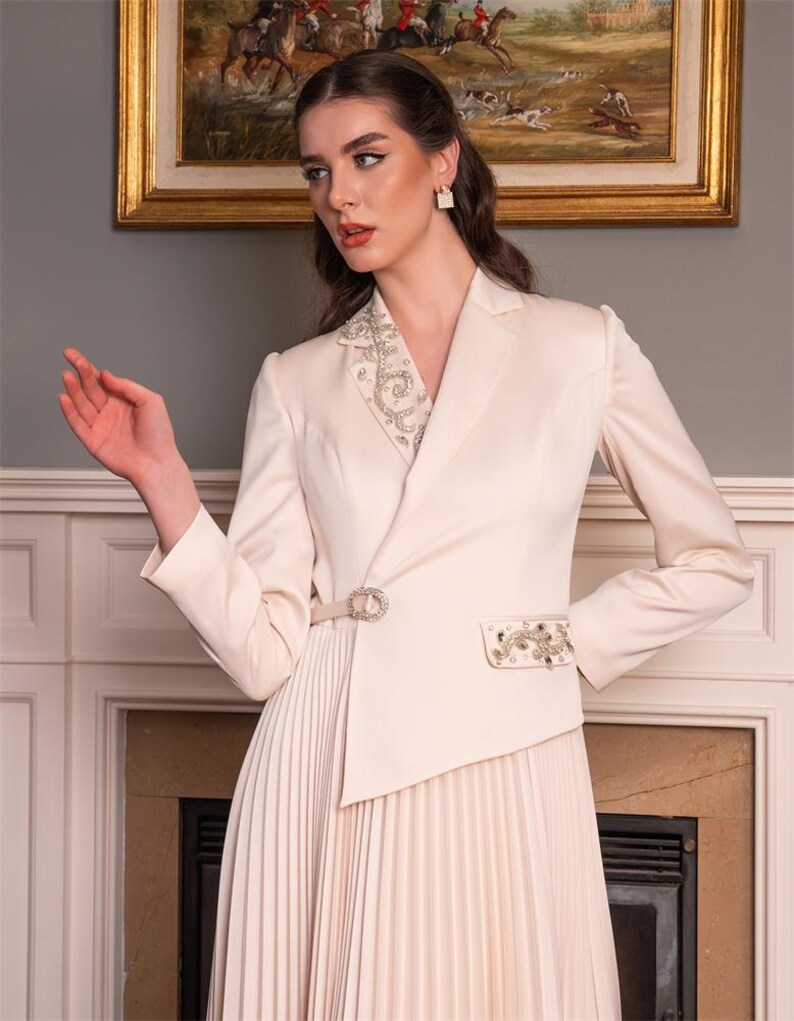 Elegant Cream Dress With Embellished Jacket and Pleated Skirt Perfect ...