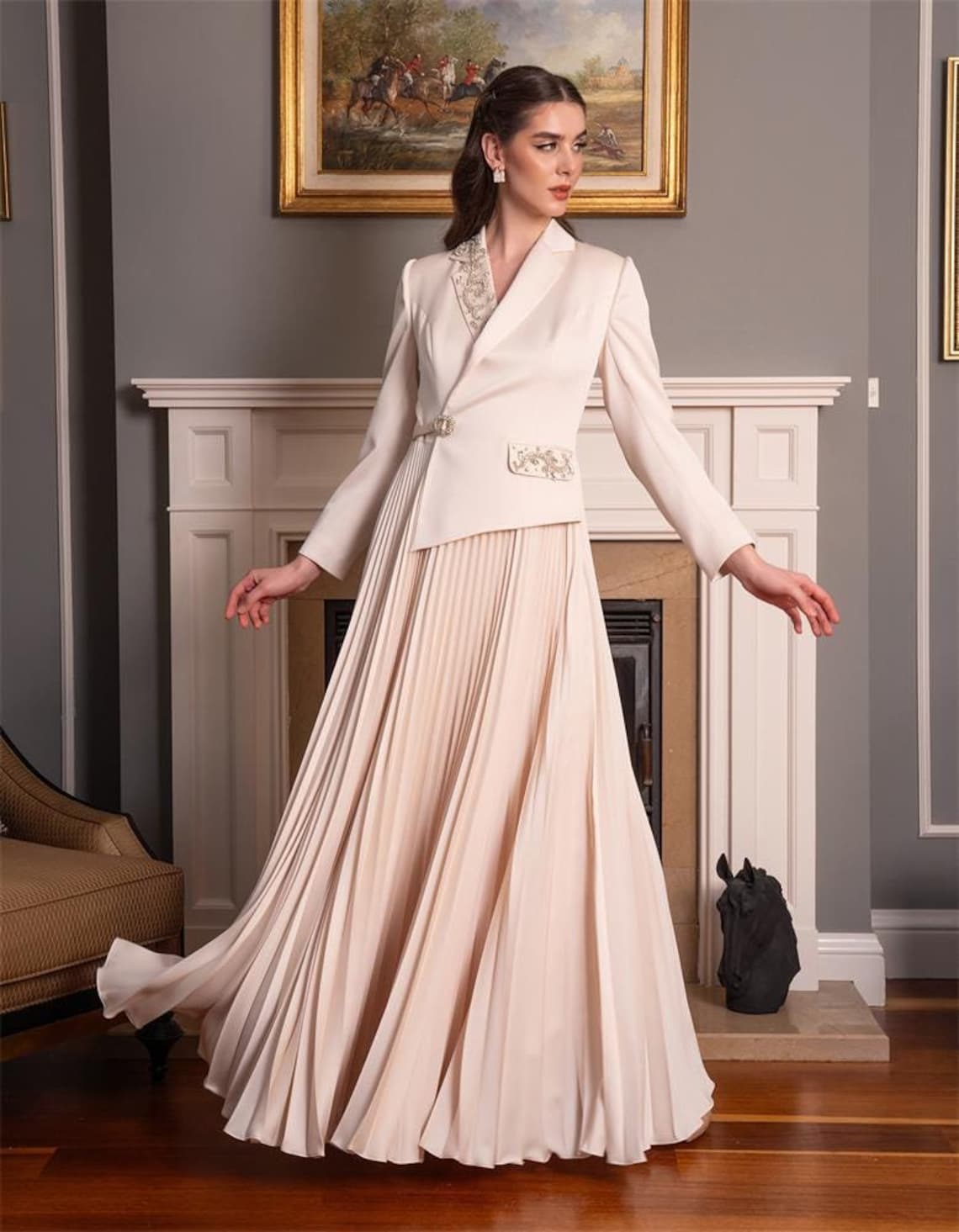 Elegant Cream Dress With Embellished Jacket and Pleated Skirt Perfect ...