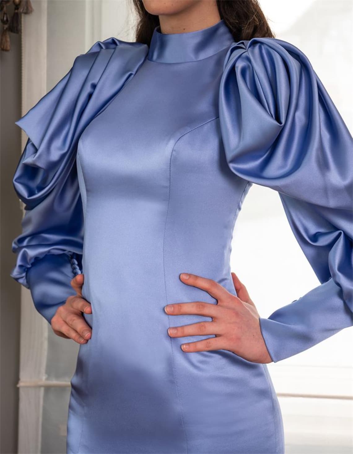 Custom Size Elegant Satin Long Dress With Dramatic Puff Sleeves ...