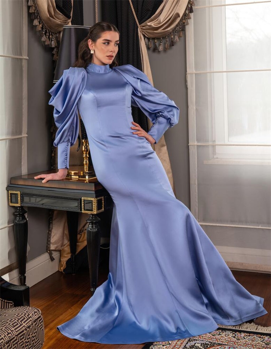 Custom Size Elegant Satin Long Dress With Dramatic Puff Sleeves ...
