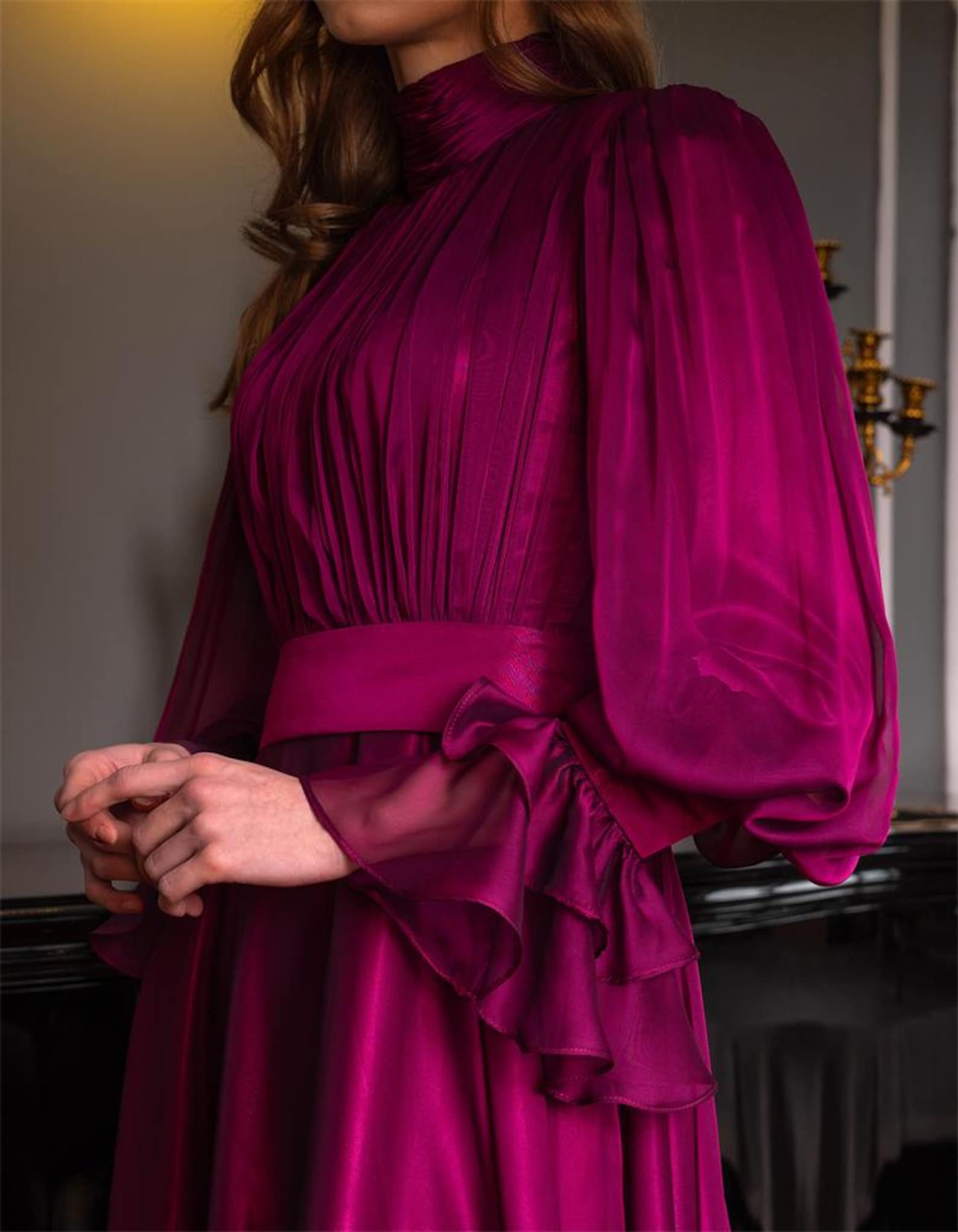 Elegant Fuchsia Long Sleeve Evening Gown With Ruffle Details and ...