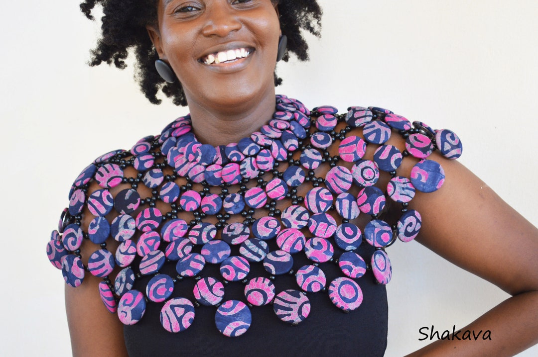 African Tribal Print Button Cape Necklace Beaded Collar - Etsy