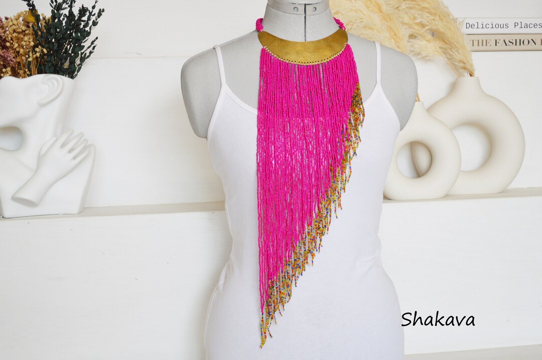 African Beaded Necklace Hot Pink Color Necklace African Fashion Jewelry ...