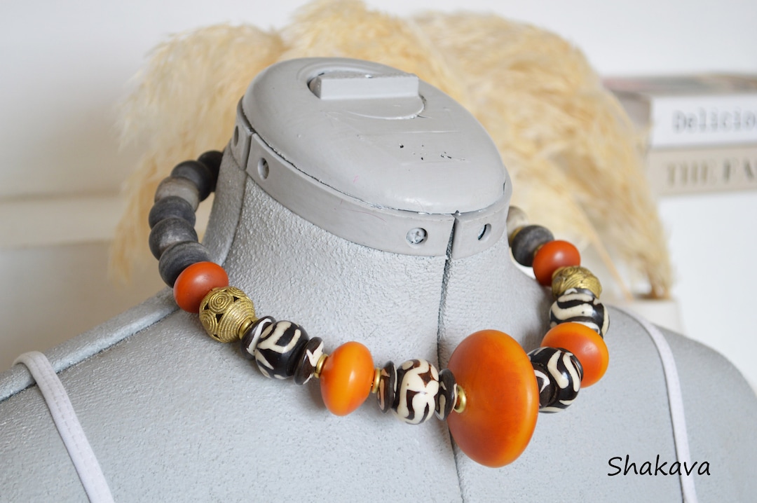 West African Jewelry Brass and Bone Necklace Handmade Designer Necklace ...