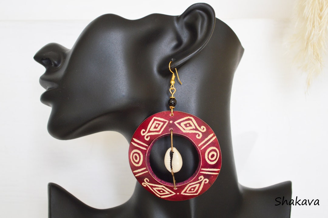 African Calabash Earrings Cowrie Shell Earrings Handmade Statement ...