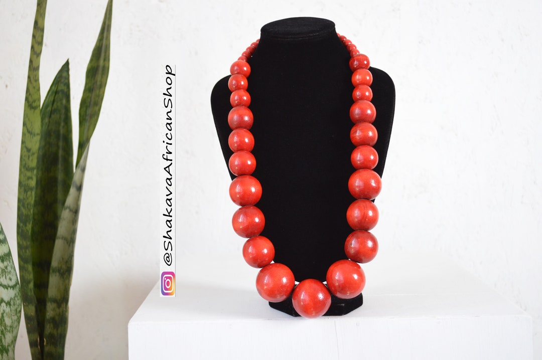African Wooden Necklace Red Color Necklace African Jewelry Tribal ...