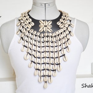 African Shell and Leather Necklace Beaded Necklace Tribal Jewelry Bib ...
