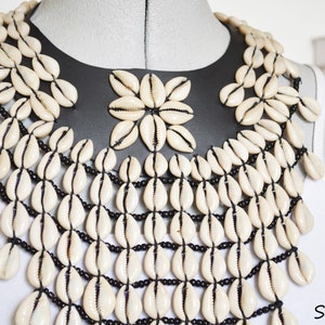 African Shell and Leather Necklace Beaded Necklace Tribal Jewelry Bib ...