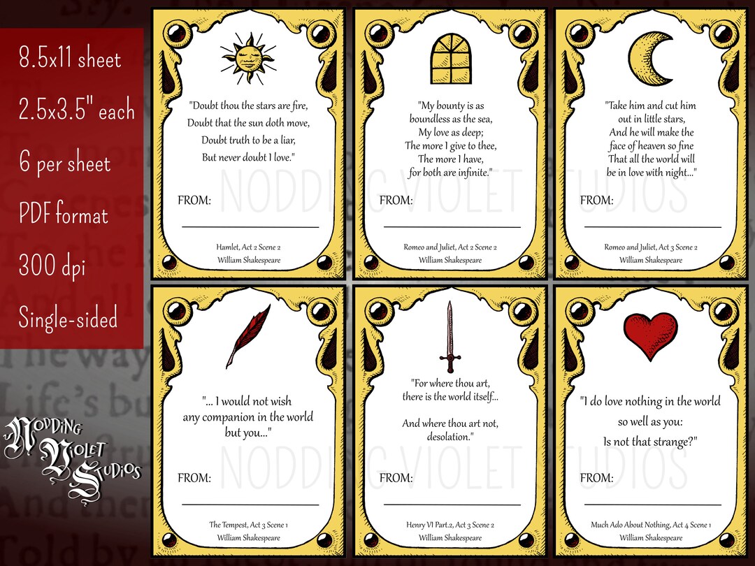 Printable Shakespeare Valentines (gold) || Shakespeare Quote Valentines ...