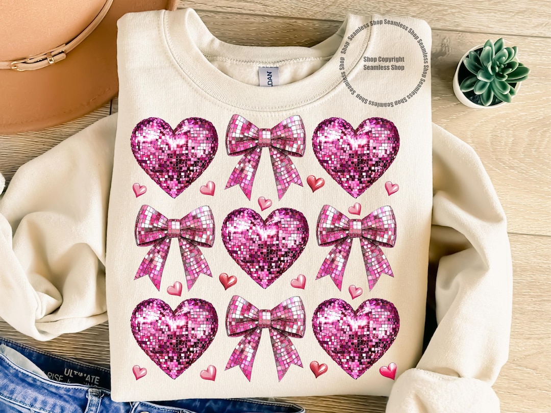 Valentine's Day Pink Heart Png, Disco Bow Digital File, Sublimation Png ...
