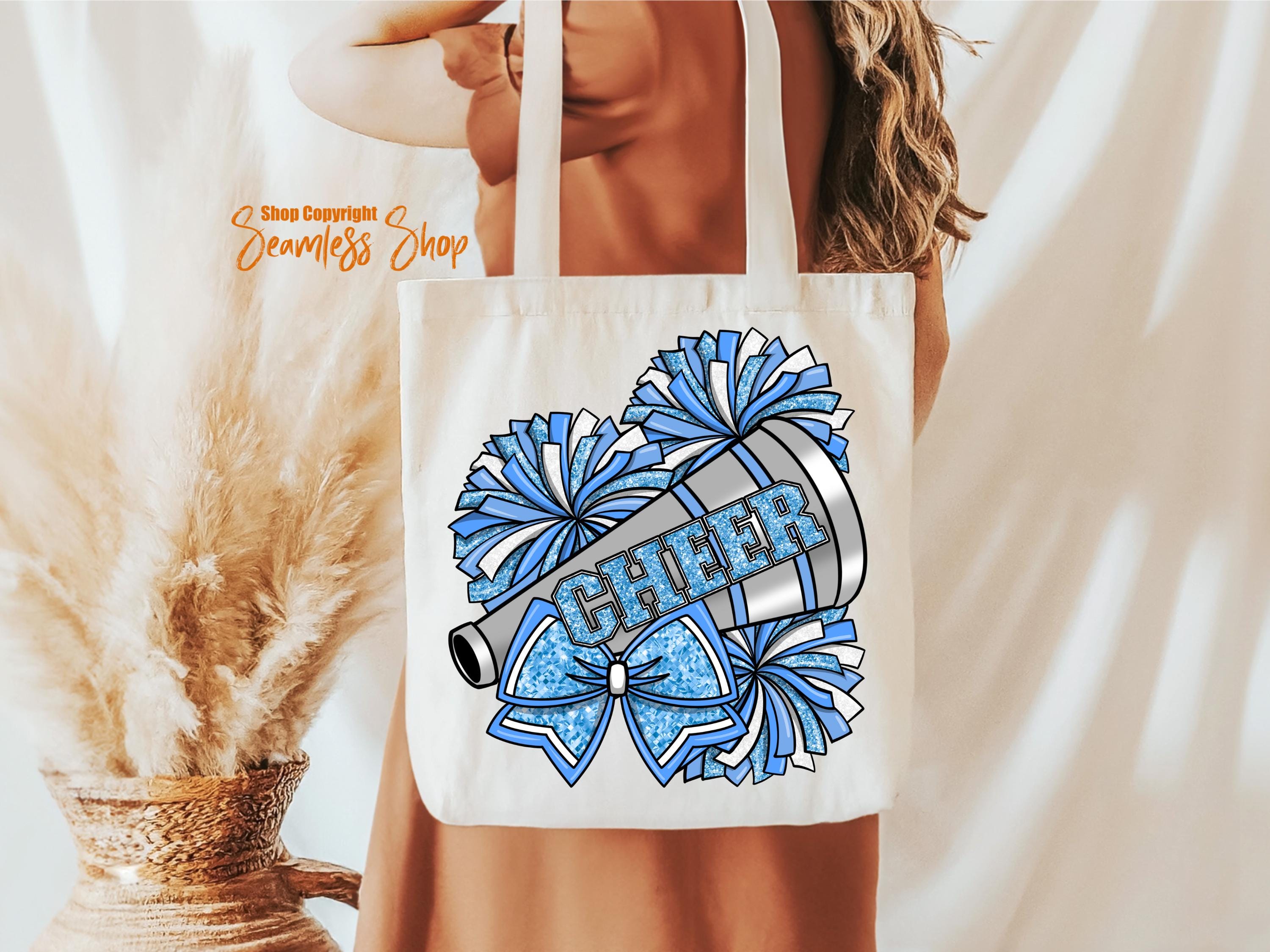 Cheerleading Sublimation PNG, Sky Blue Glitter Bow, Megaphone, Cheer ...